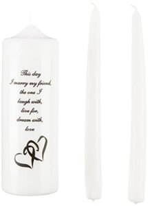 celebration candles wedding unity candle set, with 9-inch pillar with double heart motif and this day i marry my friend verse, with 10-inch taper candles, white