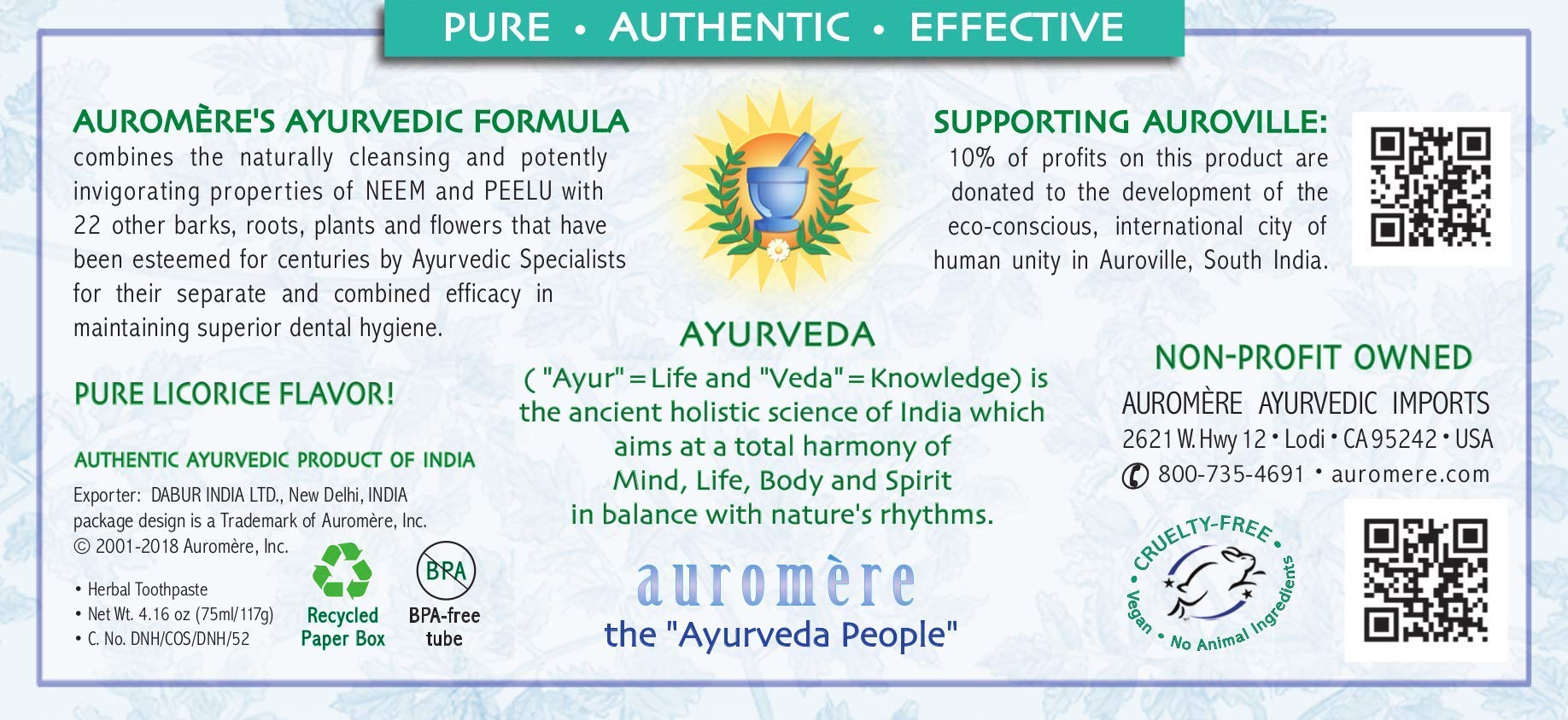 Auromere Ayurvedic Herbal Toothpaste, Mint Free - Vegan, Natural, Non GMO, Fluoride Free, Gluten Free, with Neem & Peelu (4.16 oz), 1 Pack