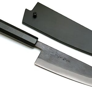 Yoshihiro Kurouchi Black-Forged Blue Steel Stainless Clad Santoku Multipurpose Knife Ebony Handle (6.5'' (165mm) & Saya)