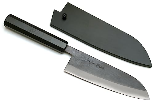 Yoshihiro Kurouchi Black-Forged Blue Steel Stainless Clad Santoku Multipurpose Knife Ebony Handle (6.5'' (165mm) & Saya)