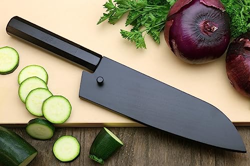 Yoshihiro Kurouchi Black-Forged Blue Steel Stainless Clad Santoku Multipurpose Knife Ebony Handle (6.5'' (165mm) & Saya)