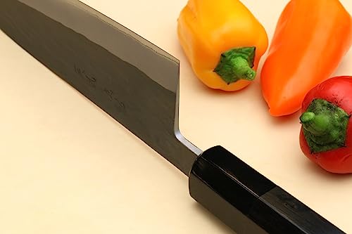 Yoshihiro Kurouchi Black-Forged Blue Steel Stainless Clad Santoku Multipurpose Knife Ebony Handle (6.5'' (165mm) & Saya)