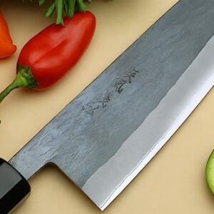 Yoshihiro Kurouchi Black-Forged Blue Steel Stainless Clad Santoku Multipurpose Knife Ebony Handle (6.5'' (165mm) & Saya)