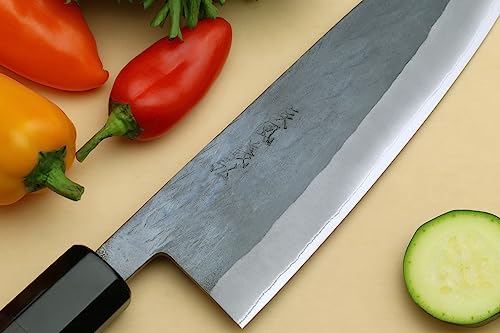 Yoshihiro Kurouchi Black-Forged Blue Steel Stainless Clad Santoku Multipurpose Knife Ebony Handle (6.5'' (165mm) & Saya)