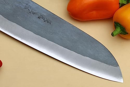 Yoshihiro Kurouchi Black-Forged Blue Steel Stainless Clad Santoku Multipurpose Knife Ebony Handle (6.5'' (165mm) & Saya)