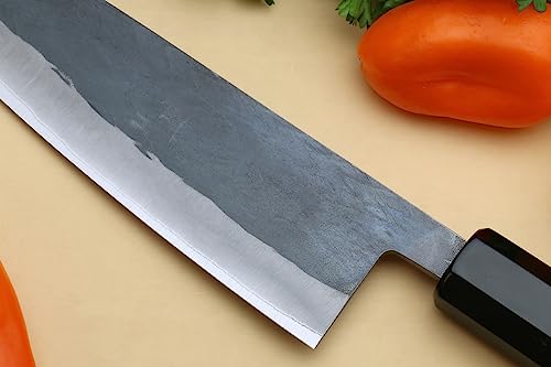 Yoshihiro Kurouchi Black-Forged Blue Steel Stainless Clad Santoku Multipurpose Knife Ebony Handle (6.5'' (165mm) & Saya)