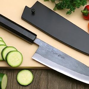 Yoshihiro Kurouchi Black-Forged Blue Steel Stainless Clad Santoku Multipurpose Knife Ebony Handle (6.5'' (165mm) & Saya)