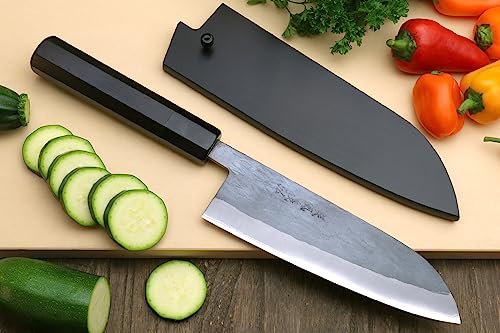 Yoshihiro Kurouchi Black-Forged Blue Steel Stainless Clad Santoku Multipurpose Knife Ebony Handle (6.5'' (165mm) & Saya)