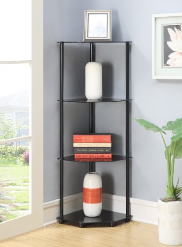 Convenience Concepts Designs2Go Classic Glass 4 Tier Corner Shelf, Black Glass