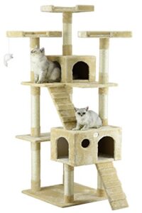 go pet club 72" premium cat tree kitty tower kitten condo for indoor cats with scratching posts, condos, ladders, soft perches, and hanging toy cat activity center furniture, beige