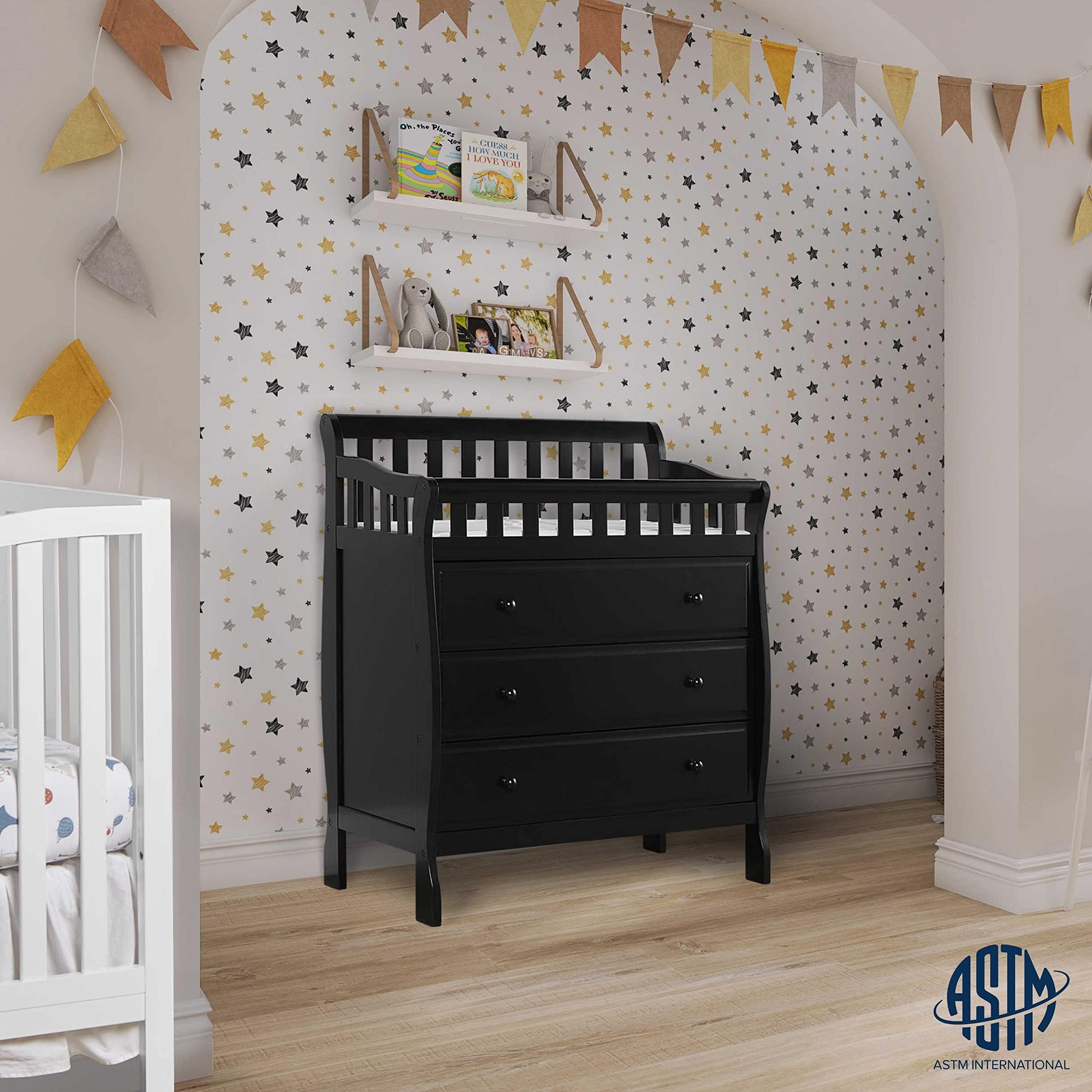 Dream On Me Marcus Changing Table And Dresser In Black, Features 3 Spacious Drawers, Non-Toxic Finishes, Comes With 1" Changing Pad, Made Of Solid Wood