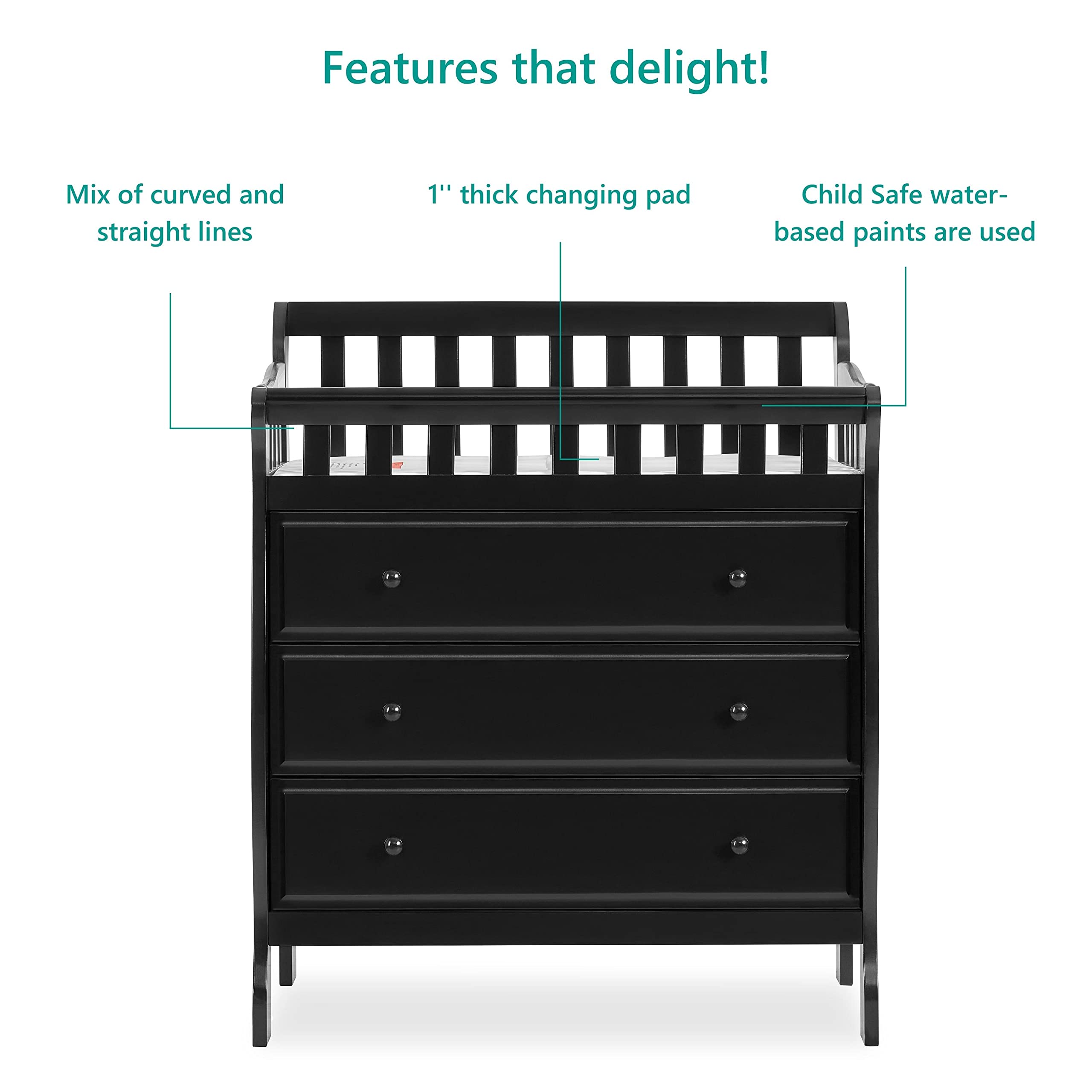 Dream On Me Marcus Changing Table And Dresser In Black, Features 3 Spacious Drawers, Non-Toxic Finishes, Comes With 1" Changing Pad, Made Of Solid Wood