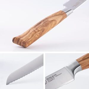 Messermeister Oliva Elite 9” Scalloped Bread Knife - Fine German Steel Alloy Blade & Natural Mediterranean Olive Wood Handle - Rust Resistant & Easy to Maintain