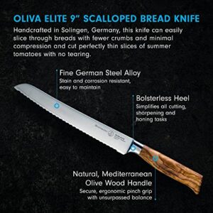 Messermeister Oliva Elite 9” Scalloped Bread Knife - Fine German Steel Alloy Blade & Natural Mediterranean Olive Wood Handle - Rust Resistant & Easy to Maintain