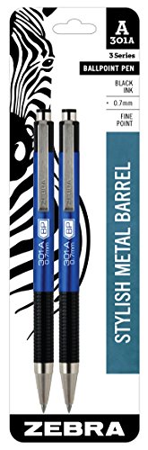 Zebra Pen F-301A Retractable Ballpoint Pen, Premium Blue Metal Barrel, Fine Point, 0.7mm, Black Ink, 2-Pack