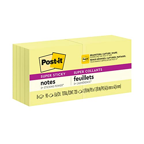 Post-it Super Sticky Notes, 2x2 in, 8 Pads, 2x the Sticking Power, Canary Yellow, Recyclable (622-8SSCY)