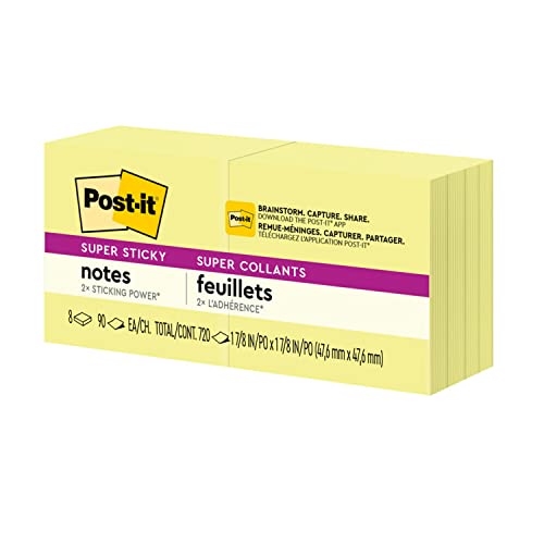 Post-it Super Sticky Notes, 2x2 in, 8 Pads, 2x the Sticking Power, Canary Yellow, Recyclable (622-8SSCY)