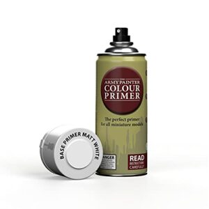 the army painter color primer spray paint, matt white, 400ml, 13.5oz - acrylic spray undercoat for miniature painting- spray primer for plastic miniatures