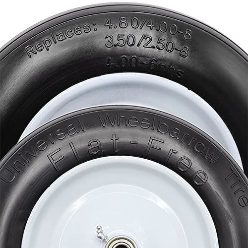 14.5"Flat Free Wheelbarrow Tire with 3/4 & 5/8 Wheel Bearing, 3" Hub 13"-16" Universal Fit Air Less Tire 4.80/4.00-8 for Garden Cart Wagon Ribbed Tread Axle hole 16mm Foamed Polyurethane Tire