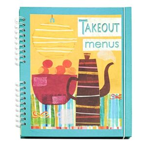 meadowsweet kitchens takeout menu holder organizer, restaurant coupon & menu binder w/ 8 large pockets, 10 sticker labels, & elastic closure, take out menu book sleeve spiral binder (colorful kitchen)