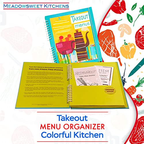 Meadowsweet Kitchens Takeout Menu Holder Organizer, Restaurant Coupon & Menu Binder w/ 8 Large Pockets, 10 Sticker Labels, & Elastic Closure, Take Out Menu Book Sleeve Spiral Binder (Colorful Kitchen)