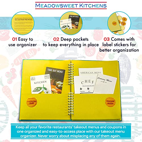 Meadowsweet Kitchens Takeout Menu Holder Organizer, Restaurant Coupon & Menu Binder w/ 8 Large Pockets, 10 Sticker Labels, & Elastic Closure, Take Out Menu Book Sleeve Spiral Binder (Colorful Kitchen)