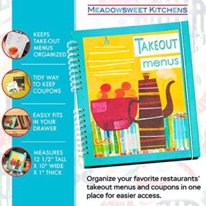 Meadowsweet Kitchens Takeout Menu Holder Organizer, Restaurant Coupon & Menu Binder w/ 8 Large Pockets, 10 Sticker Labels, & Elastic Closure, Take Out Menu Book Sleeve Spiral Binder (Colorful Kitchen)