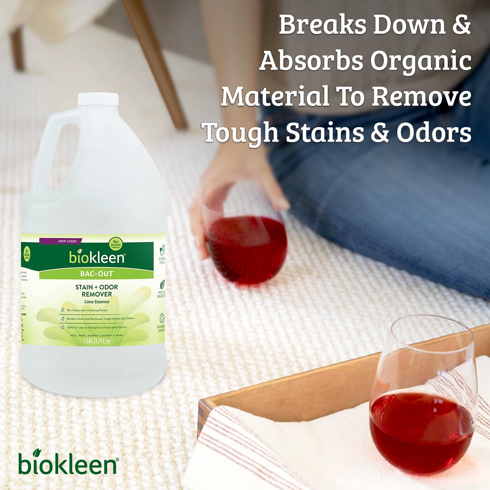 Biokleen Bac-Out Stain Remover for Clothes & Carpet - 128 Ounce - Enzyme, Destroys Stains & Odors Safely, for Pet Stains, Laundry, Diapers, Wine, Carpets - Eco-Friendly, Plant-Based