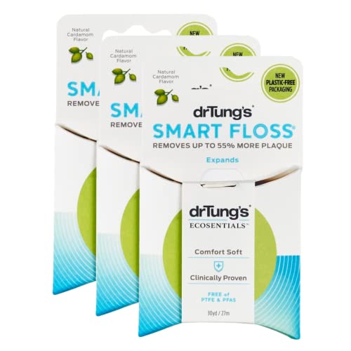 DrTung's Smart Floss - Natural Floss, PTFE & PFAS Free Floss, Gentle on Gums, Expands & Stretches, BPA Free Floss - Natural Dental Floss Cardamom Flavor (Pack of 3)