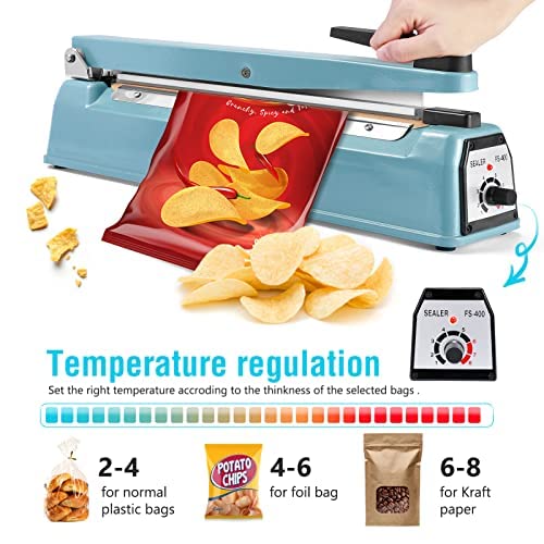 METRONIC Impulse Sealer 16 inch, Manual Heat Sealer Machine for Plastic Bags, Shrink Wrap Bag Sealers Heavy Duty Sealing Machine With Repair Kit (Blue)