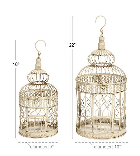 Deco 79 Metal Round Birdcage with Latch Lock Closure and Hanging Hook, Set of 2 22", 18"H, Cream