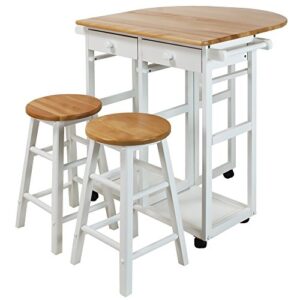 casual home drop leaf breakfast cart with 2 stools-white, 32"d x 29.75"w x 33"h