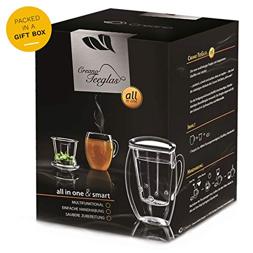 Creano - Tea Glass with Glass Infuser and Lid - Glass Mug with Strainer - Glass Filter - All-In-One - 14oz (400ml)