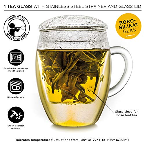 Creano - Tea Glass with Glass Infuser and Lid - Glass Mug with Strainer - Glass Filter - All-In-One - 14oz (400ml)