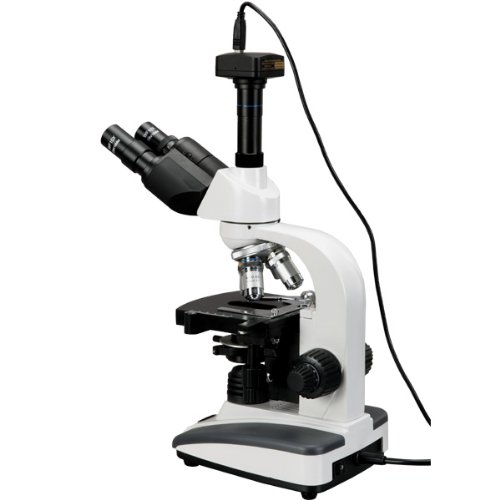 AmScope T360B-8M Digital Trinocular Compound Microscope, 40X-2000X Magnification, WF10x and WF20x Eyepieces, Brightfield, LED Illumination, Abbe Condenser, Double-Layer Mechanical Stage, Includes 8MP Camera with Reduction Lens and Software