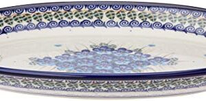 Polish Pottery Ceramika Boleslawiec Platter Karp Cups, Royal Blue Patterns with Blue Pansy Flower Motif, 14-1/8-Inch by 8-7/8-Inch