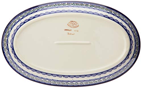 Polish Pottery Ceramika Boleslawiec Platter Karp Cups, Royal Blue Patterns with Blue Pansy Flower Motif, 14-1/8-Inch by 8-7/8-Inch