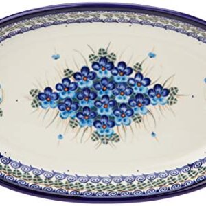 Polish Pottery Ceramika Boleslawiec Platter Karp Cups, Royal Blue Patterns with Blue Pansy Flower Motif, 14-1/8-Inch by 8-7/8-Inch