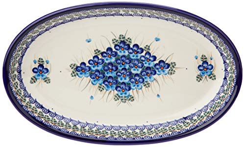 Polish Pottery Ceramika Boleslawiec Platter Karp Cups, Royal Blue Patterns with Blue Pansy Flower Motif, 14-1/8-Inch by 8-7/8-Inch