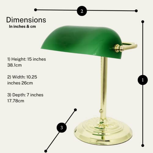 LIGHTACCENTS Bankers Lamp Desk Lamp with Green Glass Shade Bankers Lamp Green - Green Desk Lamp -Bankers Desk Lamp Traditional Desk Light with Classic Green Glass Shade and Polished Brass Finish