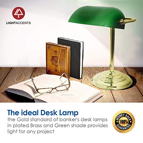 LIGHTACCENTS Bankers Lamp Desk Lamp with Green Glass Shade Bankers Lamp Green - Green Desk Lamp -Bankers Desk Lamp Traditional Desk Light with Classic Green Glass Shade and Polished Brass Finish