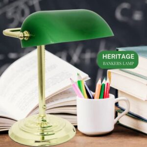 LIGHTACCENTS Bankers Lamp Desk Lamp with Green Glass Shade Bankers Lamp Green - Green Desk Lamp -Bankers Desk Lamp Traditional Desk Light with Classic Green Glass Shade and Polished Brass Finish