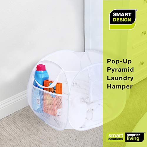 Smart Design Deluxe Mesh Pop Up Square Laundry Basket Hamper w/ Side Pockets & Handles - Durable Fabric Collapsible Design - for Clothes & Laundry - Home - (Holds 2 Loads) (17 x 14 Inch) [White]