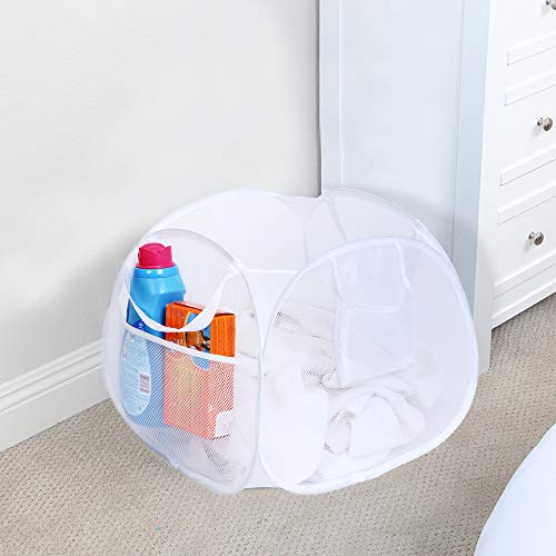 Smart Design Deluxe Mesh Pop Up Square Laundry Basket Hamper w/ Side Pockets & Handles - Durable Fabric Collapsible Design - for Clothes & Laundry - Home - (Holds 2 Loads) (17 x 14 Inch) [White]