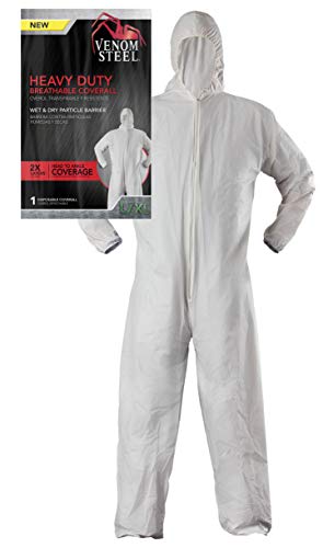 Venom Steel Disposable Heavy Duty Coverall, Hooded with Elastic Wrist and Ankles, L/XL Size, White