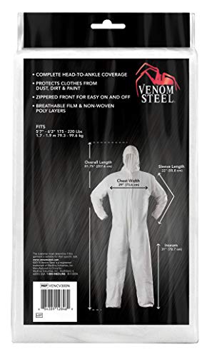 Venom Steel Disposable Heavy Duty Coverall, Hooded with Elastic Wrist and Ankles, L/XL Size, White