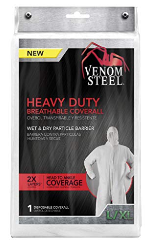 Venom Steel Disposable Heavy Duty Coverall, Hooded with Elastic Wrist and Ankles, L/XL Size, White