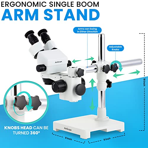 AmScope SM-3BZ-80S Binocular Stereo Microscope, WF10x Eyepieces, 3.5X-90X Magnification, 0.7X-4.5X Objective Power, 0.5X and 2.0X Barlow Lenses, 80-Bulb Ring-Style LED Light Source, Single-Arm Boom Stand, 110V