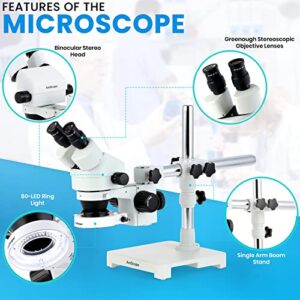 AmScope SM-3BZ-80S Binocular Stereo Microscope, WF10x Eyepieces, 3.5X-90X Magnification, 0.7X-4.5X Objective Power, 0.5X and 2.0X Barlow Lenses, 80-Bulb Ring-Style LED Light Source, Single-Arm Boom Stand, 110V