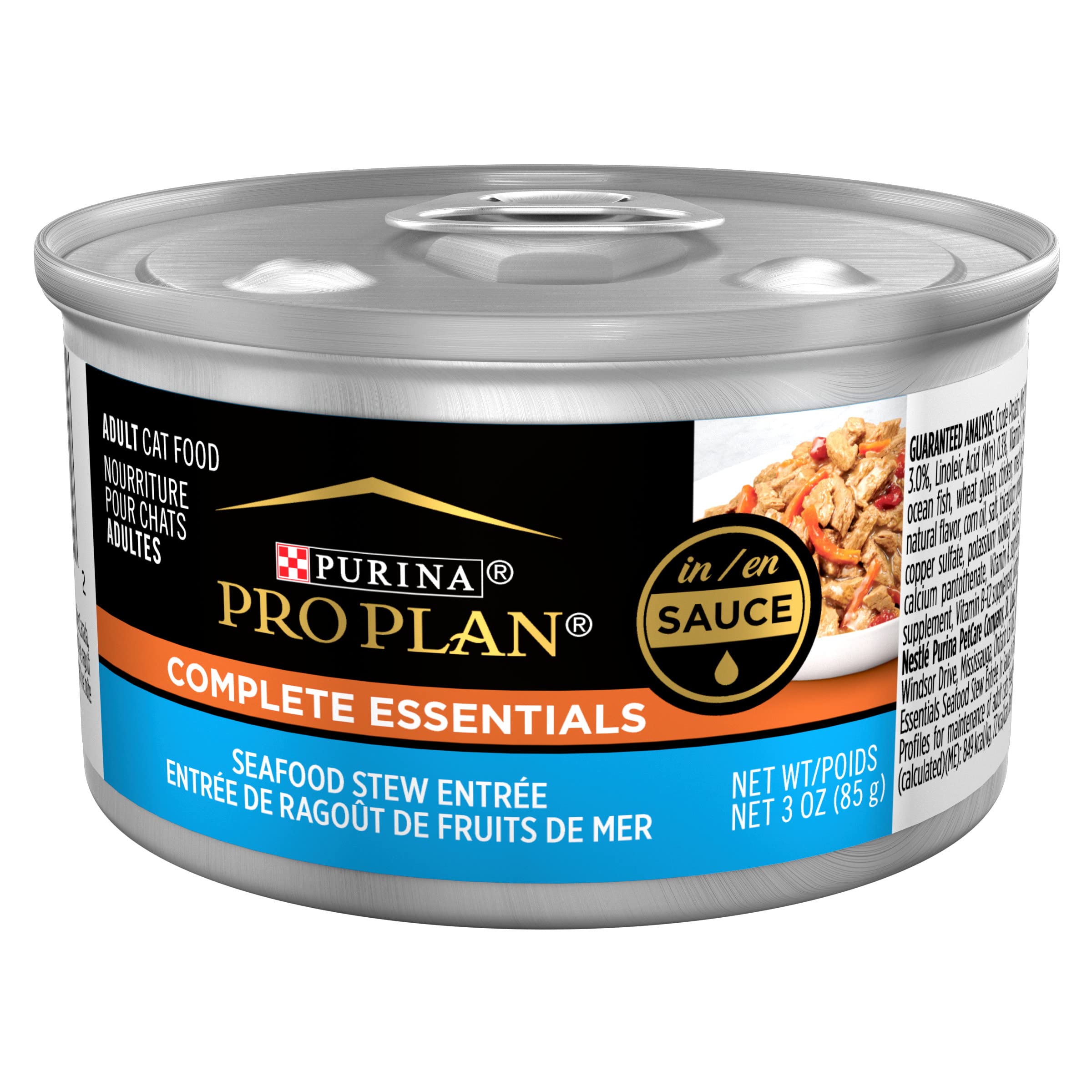 Purina Pro Plan Gravy Wet Cat Food, Complete Essentials Seafood Stew Entree in Sauce - (24) 3 oz. Pull-Top Cans